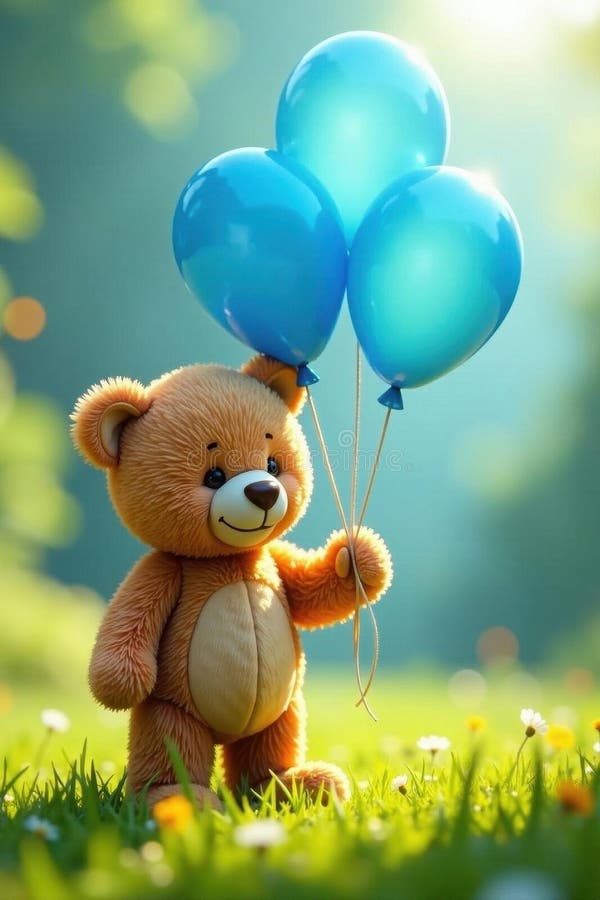 Small Teddy Bear Holding Blue Balloons, Sunny Day , Image, Bright, Blue ...
