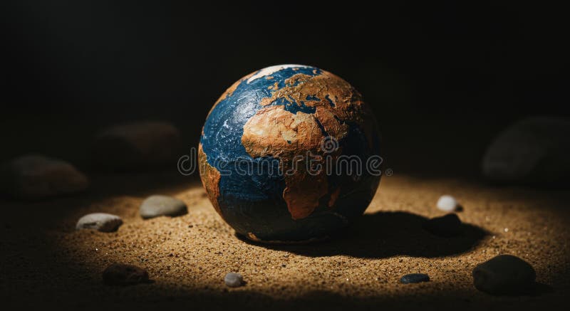 Small Textured Globe of Earth on Sand Representing Environment and ...