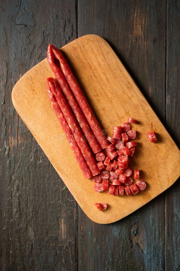 Small thin smoked sausages stock photo. Image of board - 298064800