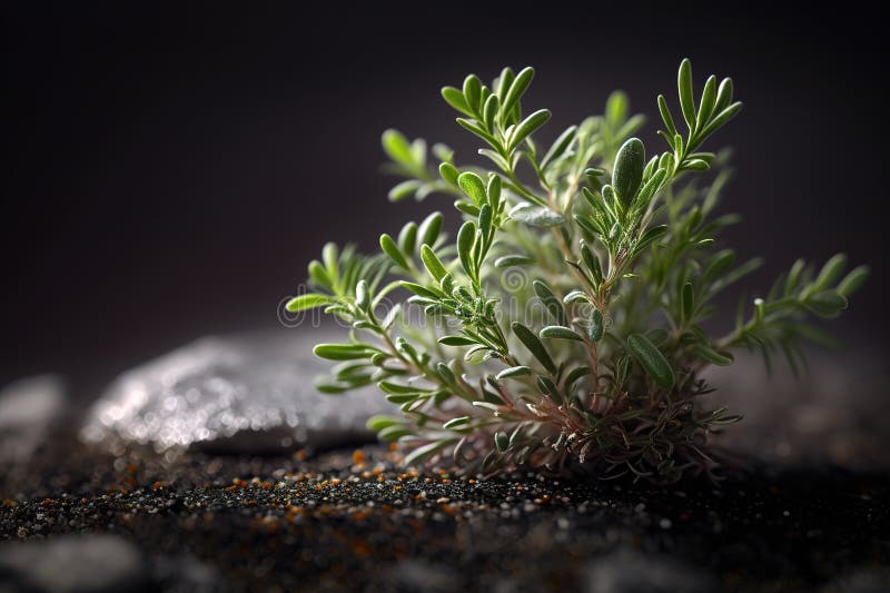 Small Thyme Plant Close Up Shot. Dark Background Stock Illustration ...