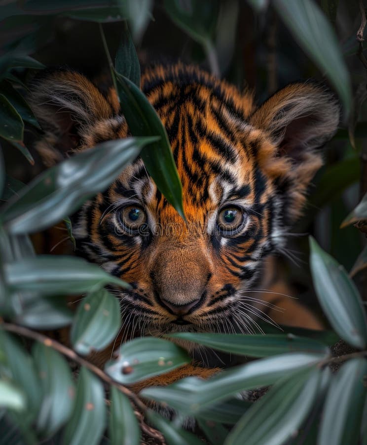 Small Tiger Cub Hiding in Tree Stock Illustration - Illustration of ...