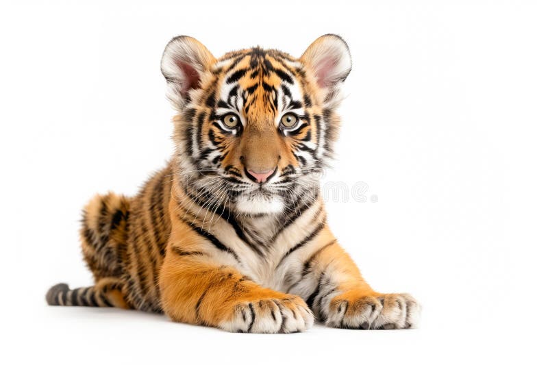 A Small Tiger Cub Laying Down on a White Background. Generative AI ...