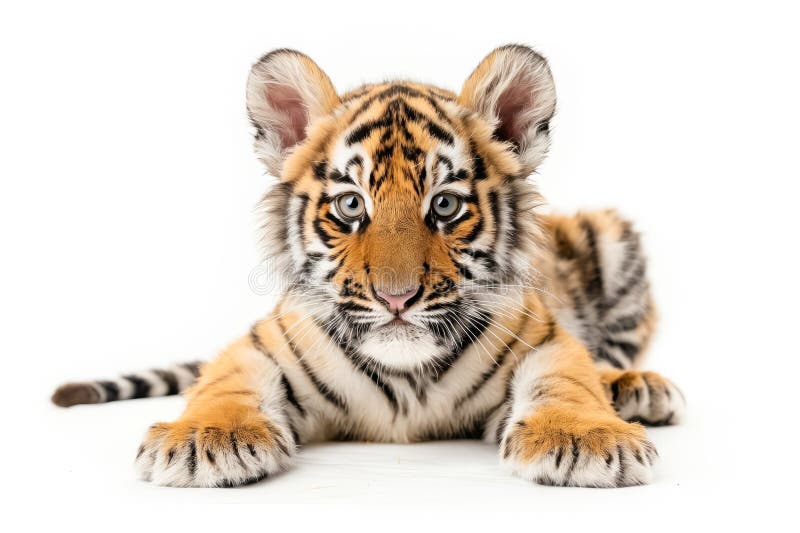 A Small Tiger Cub Laying Down on a White Surface. Generative AI Stock ...