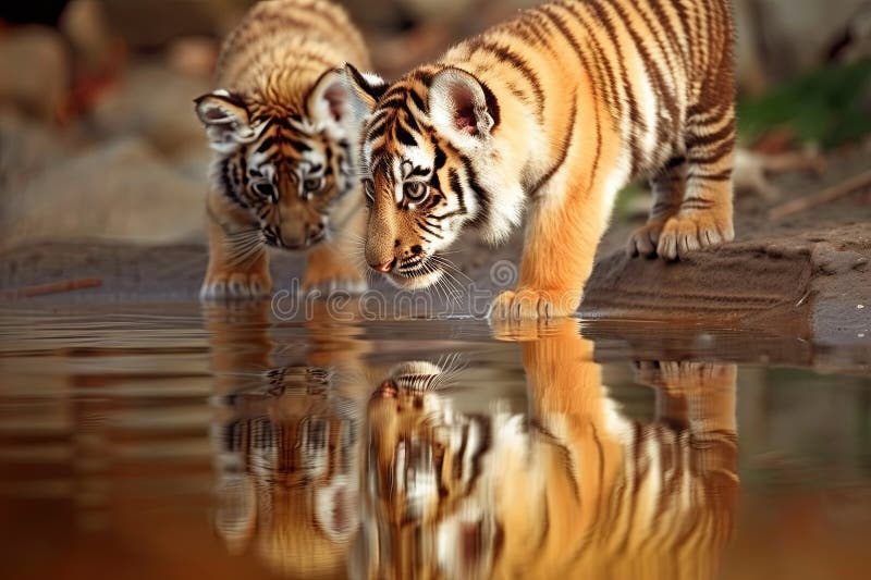 Small tiger cubs reflected stock image. Image of threat - 272352563
