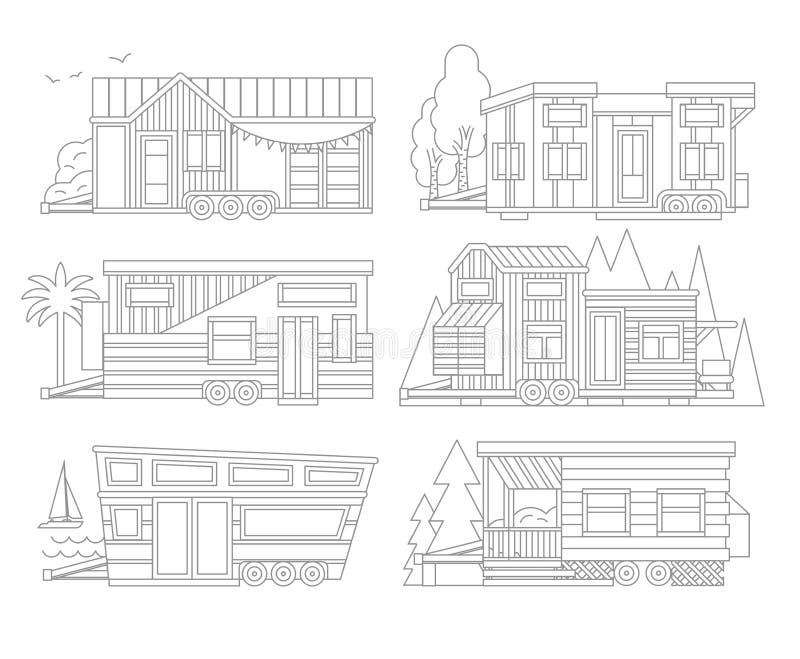 Small Tiny Houses. Modern Mobile Trailers. Vector Icons Illustration ...