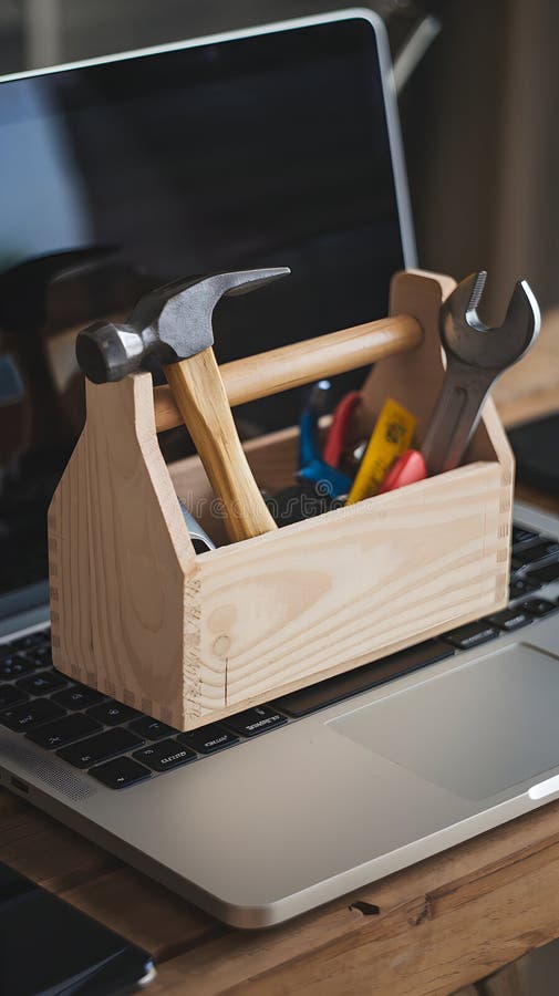 Small Toolbox with Tools Rests on Laptop Keyboard, Blending Work Themes ...