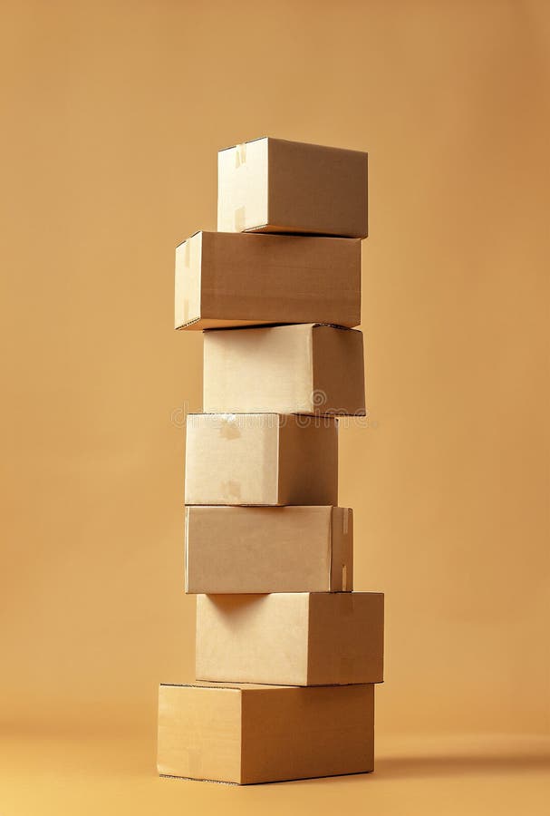 Small Tower Made of Cardboard Boxes Against Sand Color Solid Background ...