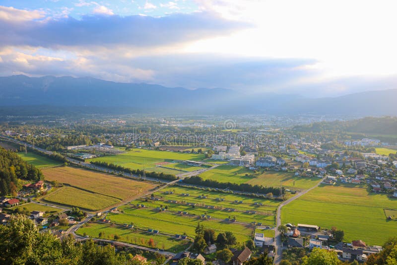 Small Town from Above with Mountain Views Stock Photo - Image of house ...