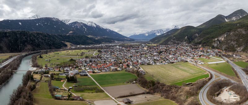 Small Town Austrian Alps River Snow Capped Mountains Stock Photos ...