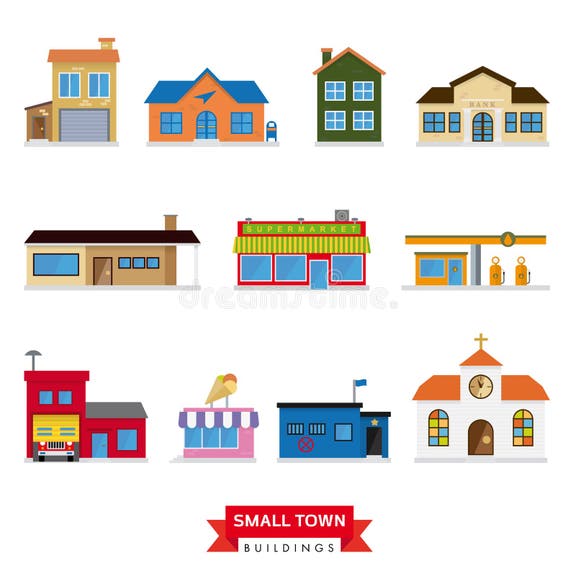 Small Town Buildings Vector Set Stock Vector - Illustration of vector ...