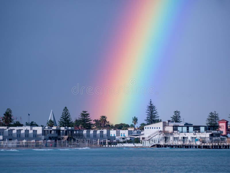 Real Rainbow on Blue Sky with Clouds Nature Background. Stock Image ...