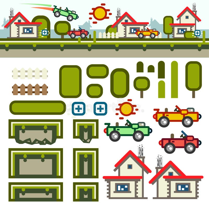 Small Town Flat Game Level Kit Stock Vector - Illustration of ground ...