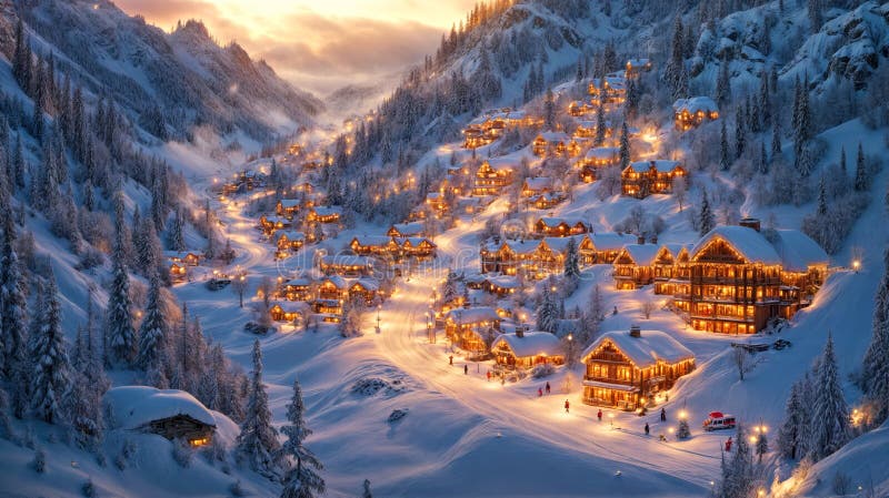 A Small Town in the Mountains is Lit Up with Christmas Lights Stock ...