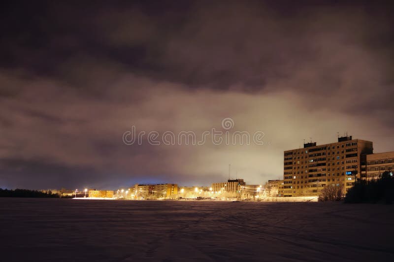 Small town at night stock image. Image of snow, clouds - 11916161