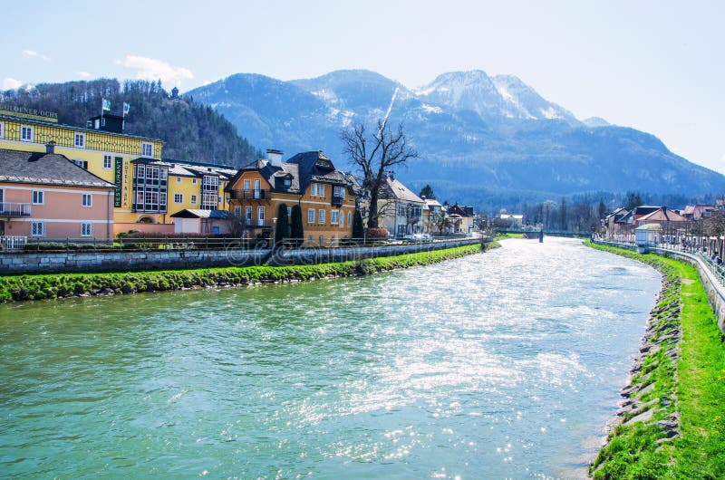 Small Town with River and Alps Range Background Stock Photo - Image of ...