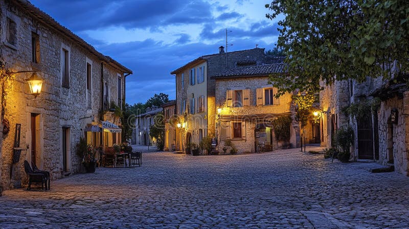 A Small Town Square at Dusk, Soft Lights Illuminating the Cobblestones ...