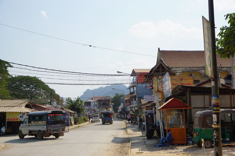 Small Town Street with Mountain View Editorial Stock Image - Image of ...