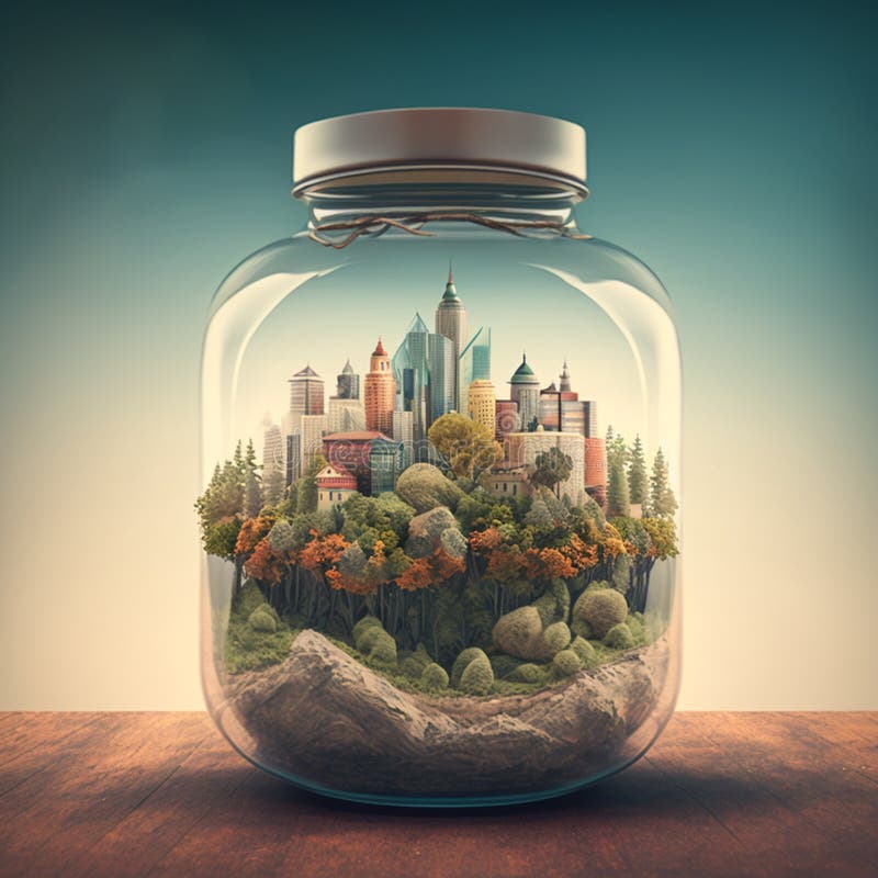 Small Toy City in a Glass Jar Stock Illustration - Illustration of ...