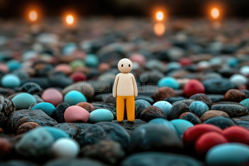 Small Toy Figure on Colorful Pebbles with Softly Lit Background Stock ...