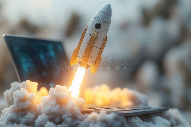 A Small Toy Rocket Emerging from an Open Laptop Computer, Potential for ...