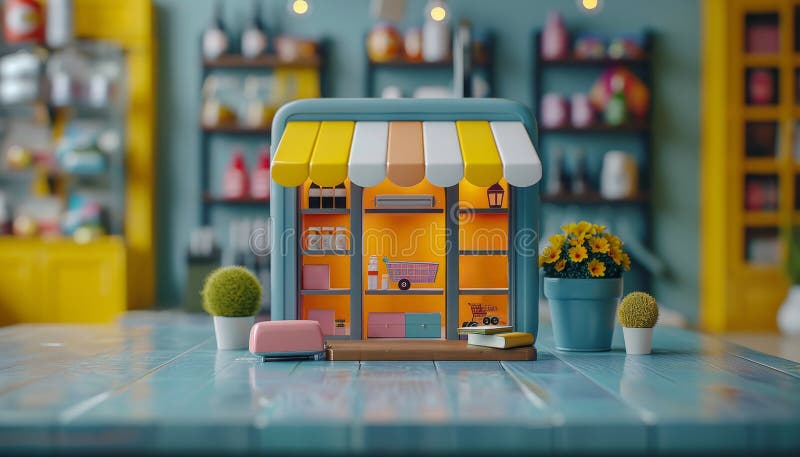A Small Toy Store with a Yellow and White Awning by AI Generated Image ...