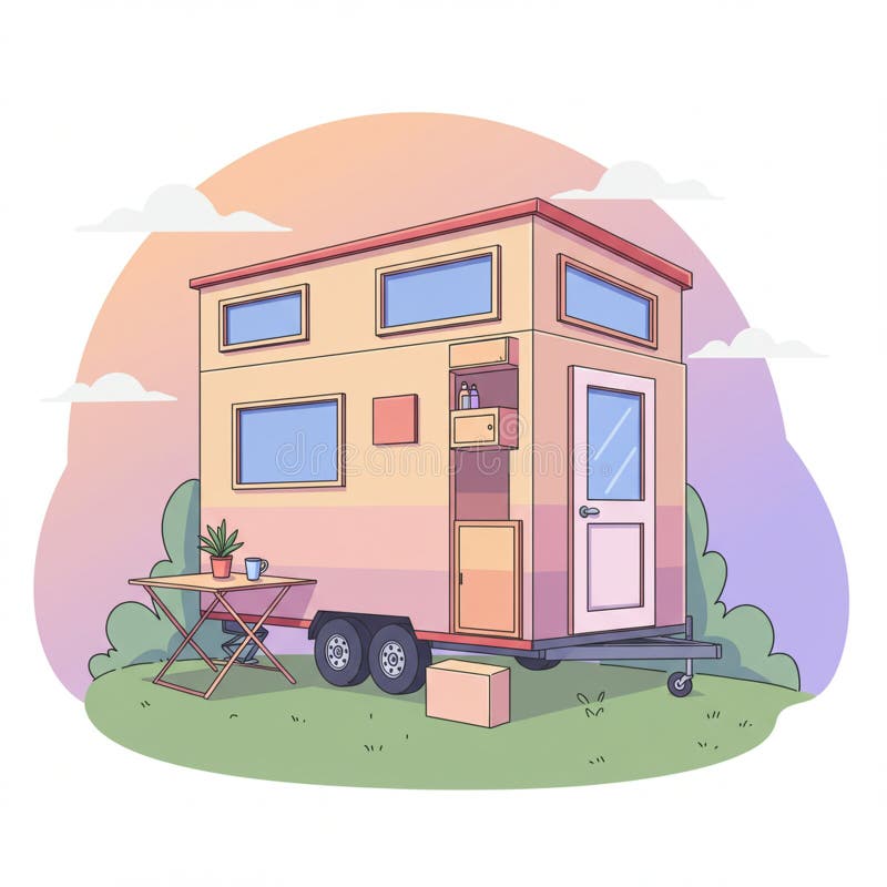Small Trailer Home with Two Axles, Featuring a Rectangular, Pastel ...