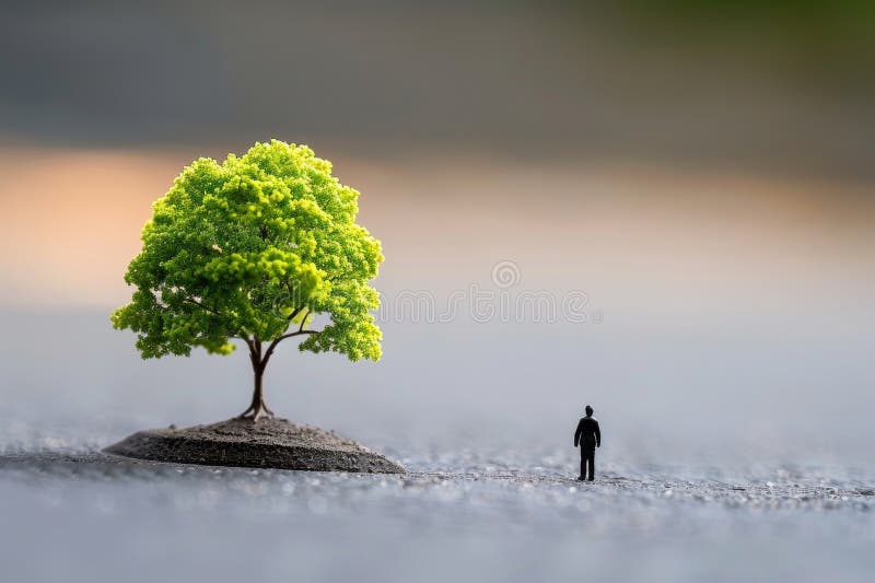 Small Tree, Big Dreams. Miniature Figure Stands before a Tiny Tree ...