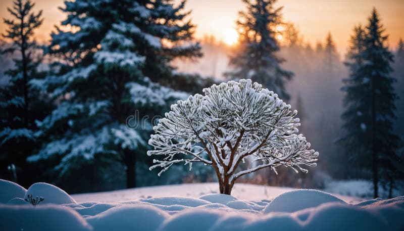 A Small Tree is Covered in Snow and is Standing in the Snow Stock ...