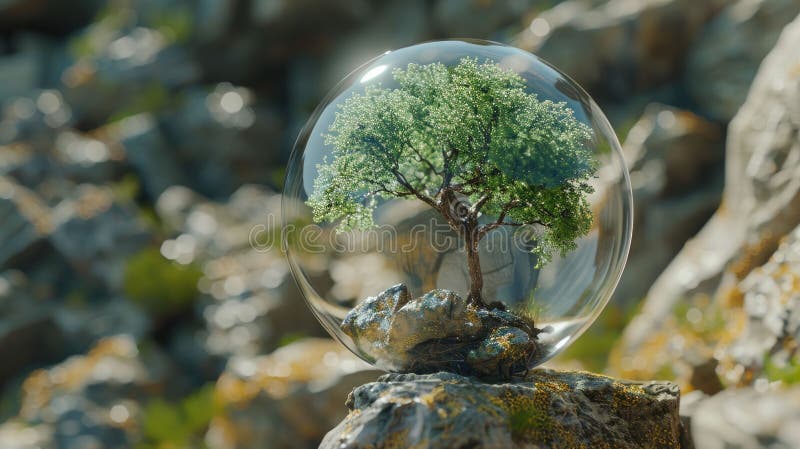A Small Tree Enclosed in a Transparent Sphere Resting on a Rock Stock ...