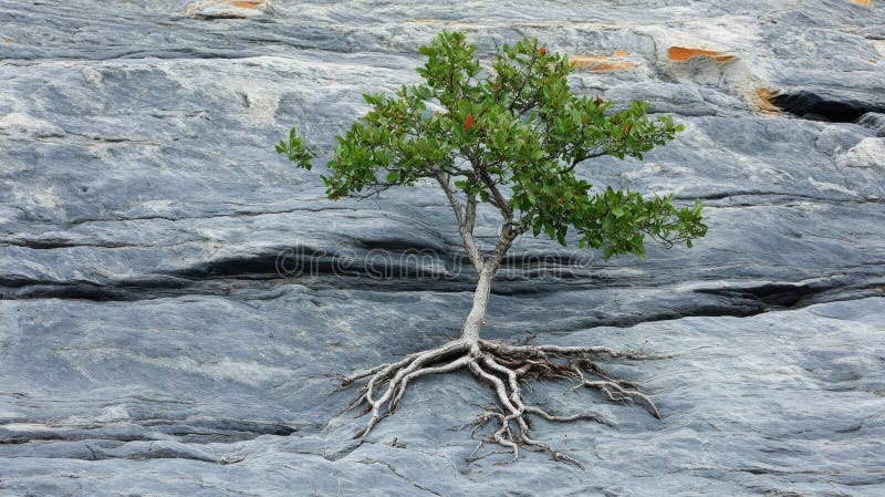 A Small Tree with Exposed Roots Growing on a Gray Rock Face Stock ...
