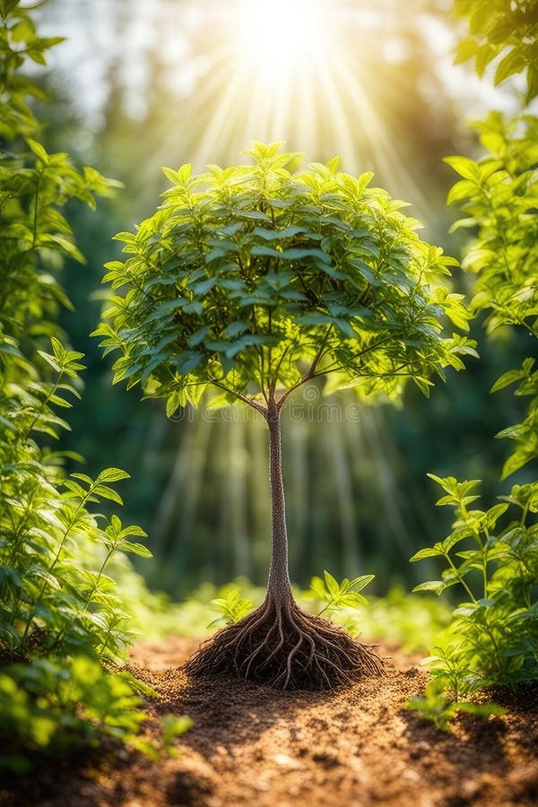 A Small Tree at Sunrise, Vertical Composition Stock Illustration ...