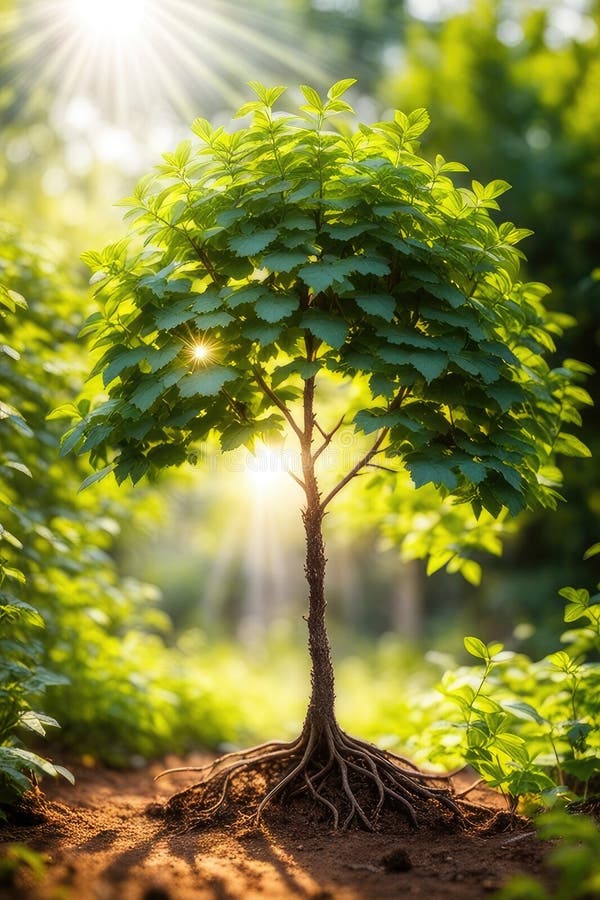 A Small Tree at Sunrise, Vertical Composition Stock Illustration ...