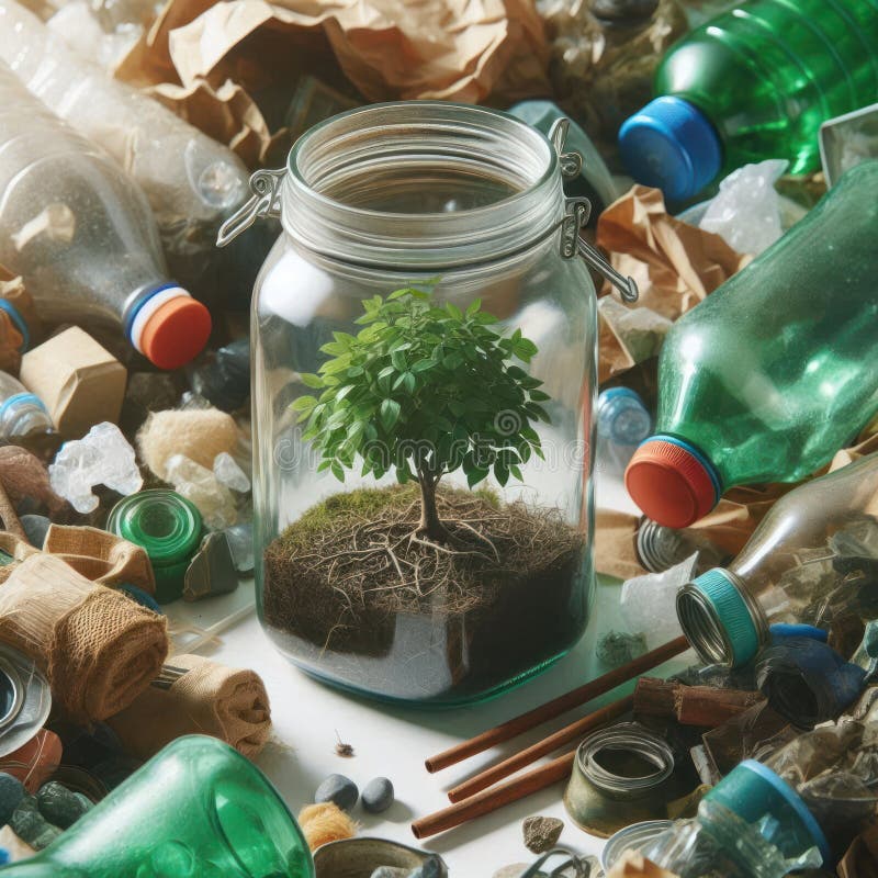 A Small Tree in a Glass Jar among the Garbage. Stock Photo - Image of ...