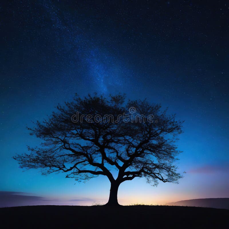 Small Tree Glows at Night Under a Big Stock Illustration - Illustration ...