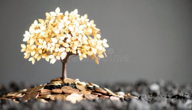 Small Tree with Golden Leaves Growing from Coins Dark Ground Stock ...