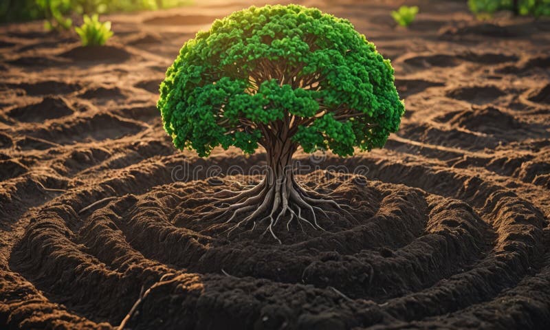 Small Tree with Green Leaves Stands in the Center Circular Mud Pit ...