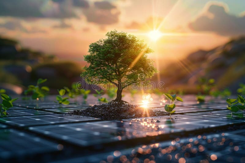 A Small Tree is Growing in a Field of Solar Cells .renewable Energy and ...