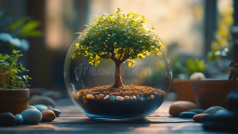 A Small Tree Growing in a Glass Sphere, Surrounded by Pebbles, with ...