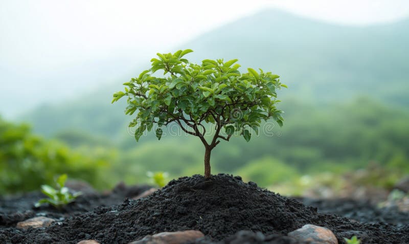 Small Tree Growing on Mound of Soil with Blurred Green Background Stock ...