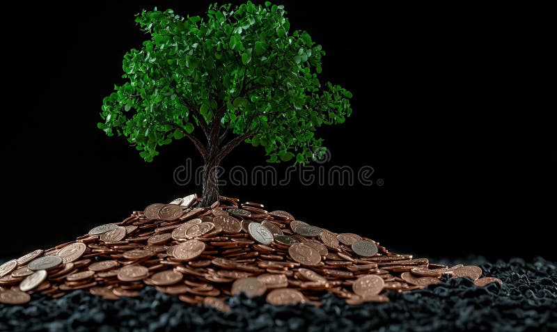 A Small Tree Growing Out of a Pile of Coins Stock Illustration ...