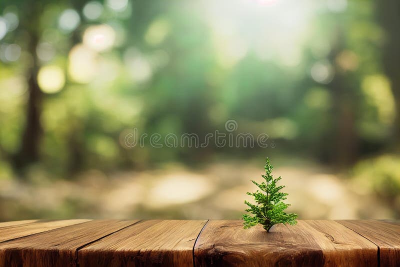 A Small Tree is Growing Out of a Wooden Table Top in a Forest Setting ...