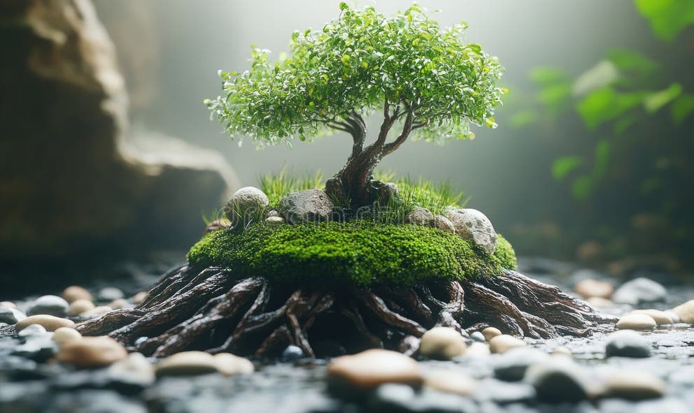 A Small Tree is Growing on a Rock Stock Illustration - Illustration of ...