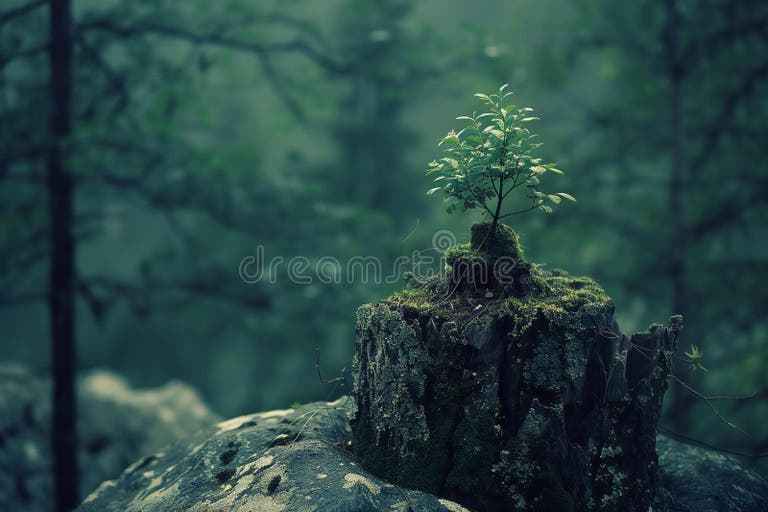 A Small Tree Growing on a Rock in the Middle of the Forest Stock ...