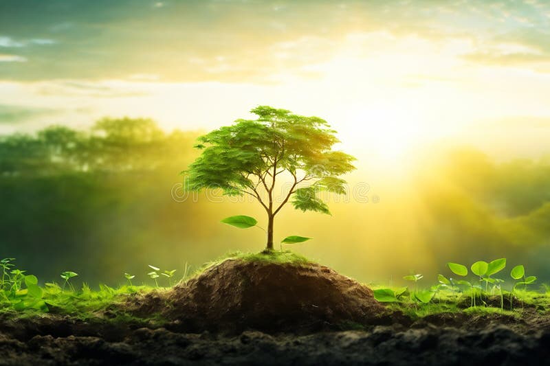 Small Tree Growing with Sunrise. Green World and Earth Day Stock Photo ...