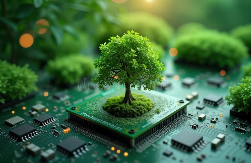 Small Tree Grows on Computer Circuit Board. Eco-friendly Tech Concept ...
