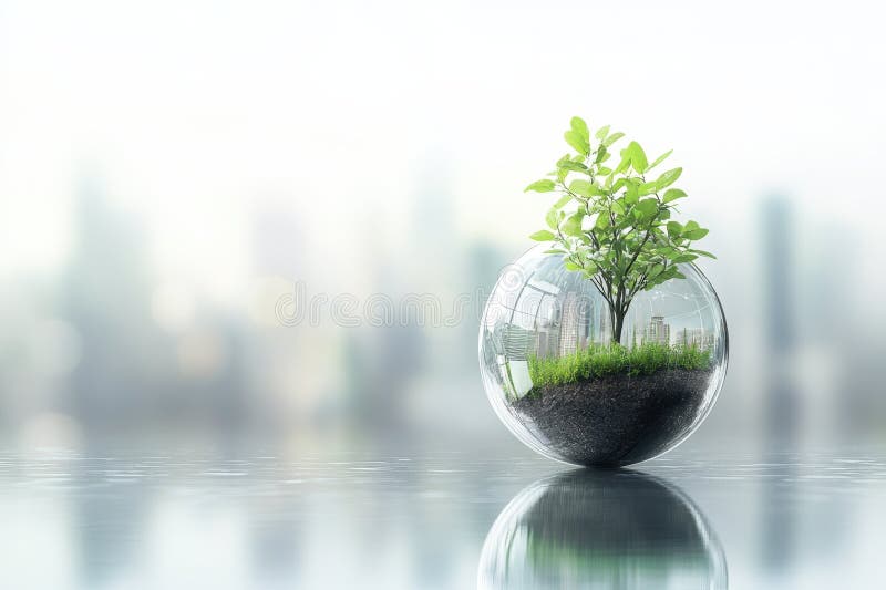 A Small Tree Grows Inside a Glass Globe on a Reflective Surface Against ...