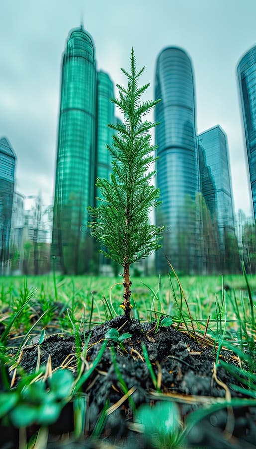 A Small Tree Grows among Tall Buildings, Blending Urban and Natural ...