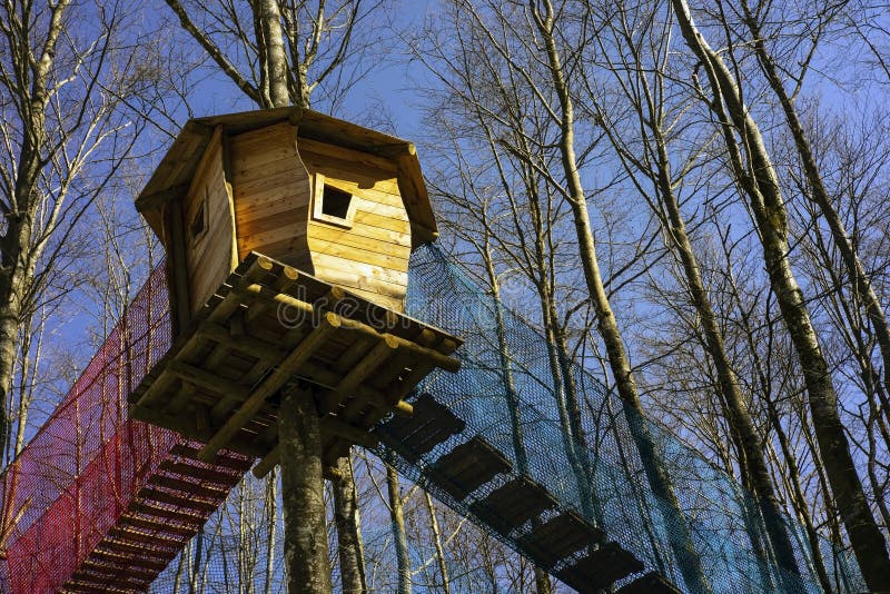 Small Tree House with a Safety Net Stock Image - Image of wood, park ...