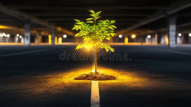Small Tree Illuminated in Empty Urban Parking Garage Symbolizing Hope ...