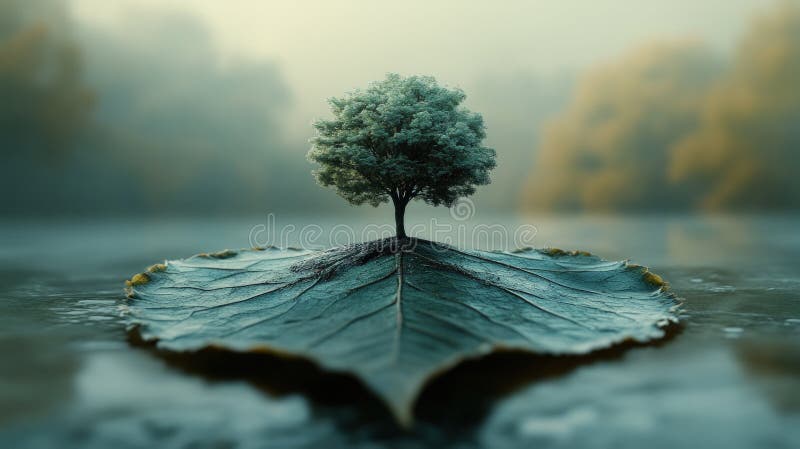 Small Tree on a Large Leaf Over Water Stock Illustration - Illustration ...